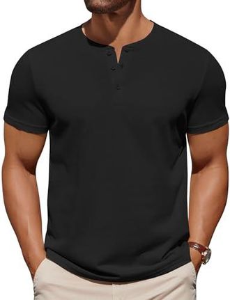 Coofandy Henley T-shirt basique &agrave; manches courtes pour homme avec boutonni&egrave;re 63 % coton, 37 % polyester, Noir, 3XL