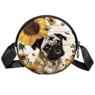 Generic Sac &agrave; bandouli&egrave;re rond pour femme, motif tournesol carlin, petit sac &agrave; bandouli&egrave;re avec fermeture &eacute;clair, bretelles r&eacute;glables, sac &agrave; main rond d&eacute;contr