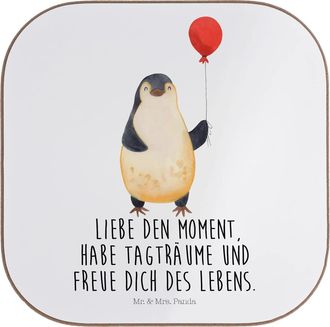 Mr. & Mrs. Panda Untersetzer Glas Pinguin Luftballon - Geschenk, Liebe, Geschenkidee, Motivation, Flaschenuntersetzer, Glück, für Gläser, Getränkeuntersetzer, Coaster,