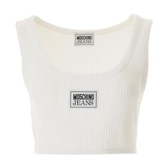Moschino Geripptes Crop Top mit Logo-Patch - - Tops - Damen - Wei&szlig; - L