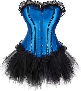 Grebrafan Corset Bustier Dentelle avec Jupe en Tulle Tutu Gothique (EUR(38-40) XL, Bleu)
