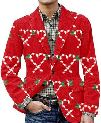 Generic Veste de Noël pour homme, costume de Noël pour homme, avec motif de Noël, veste de costume confortable avec boutonnière pour les occasions festives, v
