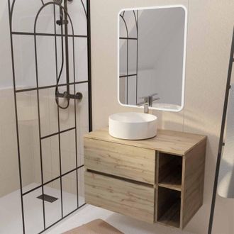 Aurlane Aurlane - meuble salle de bains 80 timber d&eacute;cor ch&ecirc;ne tiroirs + module - vasque blanche - miroir 60x80 led