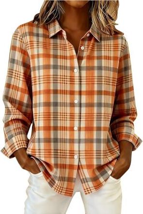 Generic Chemisier &agrave; carreaux pour femme - Col &agrave; manches longues - D&eacute;contract&eacute; - Tendance - Coupe ample - Chemisier &agrave; manches longues - Chemisier pour femme - 