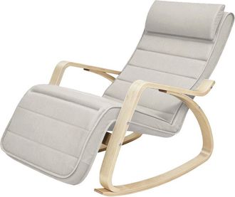 Songmics Fauteuil &agrave; Bascule avec Repose-Pieds, R&eacute;glable sur 5 Niveaux, avec Accoudoirs en Bois, pour Salon, Beige et Naturel