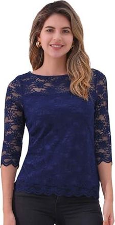 Allegra K Haut en Dentelle Florale Femme Manches 3/4 Col Rond Chemisier D&eacute;contract&eacute; &Eacute;l&eacute;gant Blouse en Dentelle Bleu fonc&eacute; L