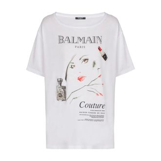 Balmain Femme, Tops, Blanc, Taille: 38 FR T-shirt avec Impressions Broderies Patches