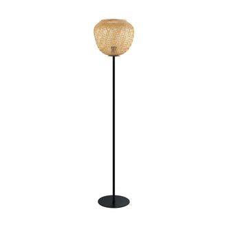 Eglo Stehlampe Dembleby, 1 flammige Stehleuchte Vintage, Boho, Standleuchte aus Stahl und Holz, Wohnzimmerlampe in Schwarz, Natur, Lampe mit Tritt-Schalter