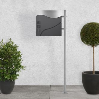 ECD Germany Standbriefkasten mit Zeitungsfach, Briefkasten mit Pfosten, Briefkastenanlage Briefkastenständer Silber 120cm Edelstahl, Postkasten Anthrazit/Silber 3
