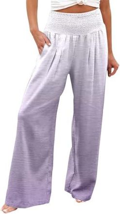Generic Pantalon en coton et lin pour femme - Jambe large - Pantalon de plage d&eacute;t&eacute; confortable - Pantalon de yoga Palazzo - XIYU26093, violet clair, XXL