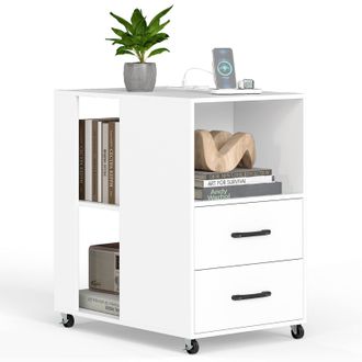Costway Beistelltisch mit Rollen, Nachttisch mit Steckdosen & 2 Schubladen & Offene Regale, Nachttisch f&uuml;r Schlafzimmer, Wohnzimmer, B&uuml;ro, 60 x 40 x 65,5 cm (