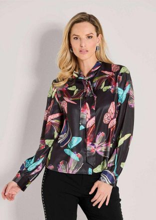 Madeleine Langarmbluse Farbenfrohe Dschungel-Print Bluse Stehkragen mit Schluppe und lange Manschetten&auml;rmel