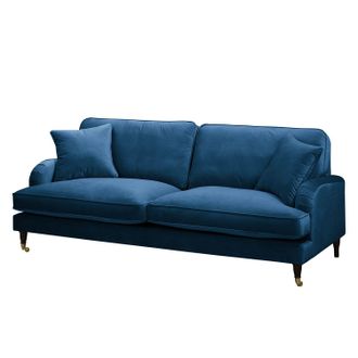 Jack & Alice home24 3-Sitzer Sofa mit Rollen Blau/Dunkelblau Samt Pauno 211 x 85 x 96cm Dunkelbraun Glamour