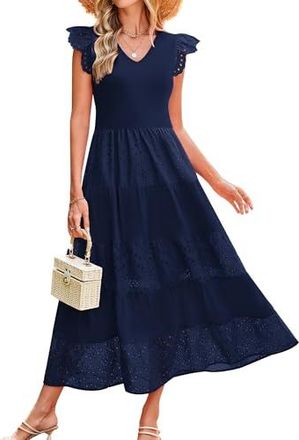 Grace Karin Robe dété décontractée en coton avec broderie ajourée pour femme, bleu marine, XL