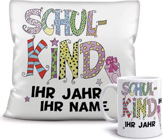 Tassendruck Geschenkset zur Einschulung Schulkind Mädchen - Ihr Name und Jahr - Tasse und Kissen/ABC-Schütze/Schule / 1.Klasse/Personalisiert/Individuell/Geschenk