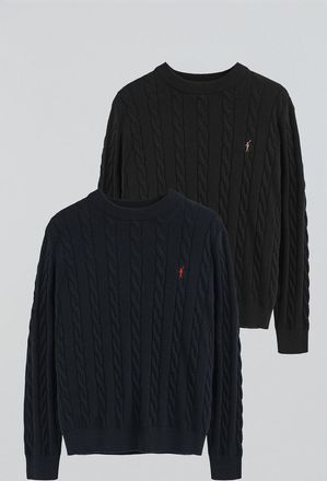 Polo Club Zweierpack Herrenpullover marineblau und schwarz aus Wollgemisch mit Zopfmuster mit gesticktem Rigby Go-Logo