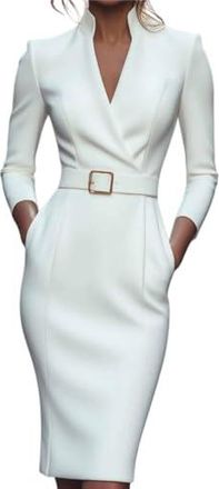 Generic Robe fourreau raffin&eacute;e avec ceinture et col mandarin, manches longues, col en V, &eacute;l&eacute;gant blazer pour le bureau et les affaires, blanc, L