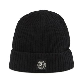 Stone Island Schwarze Strickm&uuml;tze mit Logo-Patch aus Wolle - - Accessories - Herren - Schwarzk - ONE SIZE