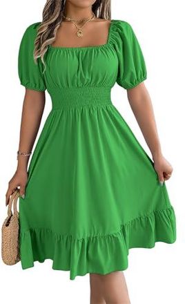 Generic Robe d&eacute;t&eacute; d&eacute;contract&eacute;e &agrave; manches bouffantes avec col carr&eacute;, manches courtes, taille ajust&eacute;e, ourlet &agrave; volants, robe d&eacute;t&eacute; midi trap&egrave;ze, Vert-3., XL