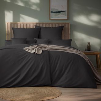 ESTELLA Mako Satin Bettw&auml;sche Set Uni - 100% Baumwolle - trocknerfest - Garantie Rei&szlig;verschluss - 155x220 cm + 80x80 cm - Farbe: Anthrazit