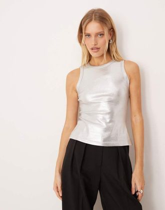 Never Fully Dressed Tanktop mit hohem Baumwollanteil in Metallic-Optik und Rippstruktur in Silber