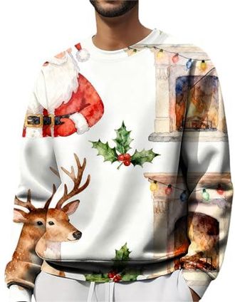 Generic Pull de Noël pour homme, amusant et fantaisie, imprimé graphique, motif imprimé, pull dhiver chaud à col rond, tendance, décontracté, tenue dextérieur