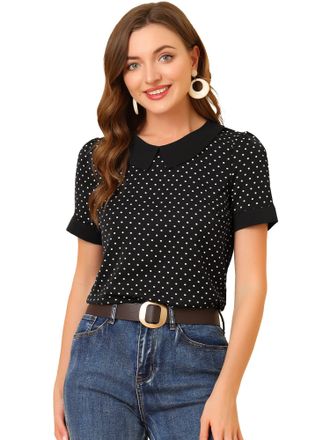 Allegra K Damen Kurzarm Bubikragen Punkte Oberteil Vintage Polka Dots Elegant Top Bluse Schwarz XS