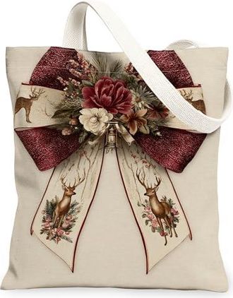 Generic Sacs fourre-tout en toile de cerf de No&euml;l, motif noeud floral, sacs d&eacute;picerie, sacs d&eacute;picerie r&eacute;utilisables, l&eacute;gers et lavables en toile avec bandouli