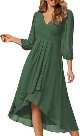 Ever-pretty Robe dInvité de Mariage Femme Col V 3/4 Manches Mousseline High Low Vert Eucalyptus 36
