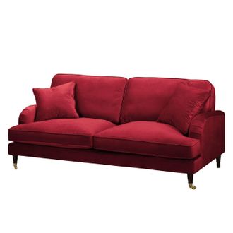 Jack & Alice home24 2-Sitzer Sofa mit Rollen Rot/Bordeaux Samt Pauno 190 x 85 x 96cm Dunkelbraun Glamour
