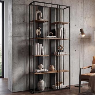 Mendler Regal HWC-P12, B&uuml;cherschrank Hochschrank, Industrial Metall Melamin MVG-Zertifiziert 180x80x31cm - schwarz, braun