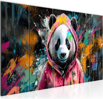 Runa Art Wandbild Panda 200 x 80 cm Modern Bild auf Vlies Leinwand Graffiti Streetart Wohnzimmer Loft Gamer Schwarz Bunt 055155a