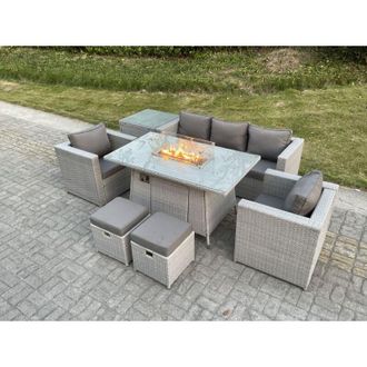 Fimous 7-Sitzer Polyrattan Gartenm&ouml;bel Set im Freien Gas Feuertisch Sofa Sets mit 2 Sessel Beistelltisch 2 Kleiner Hocker Helles Grau - Fimous