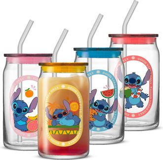 JoyJolt Disney Stitch Island Vibes Glasbecher mit Deckel und Strohhalmen, 473 ml, Glasbecher mit Deckel und Strohhalmen, Dosenf&ouml;rmige Trinkgl&auml;ser, 4 St&uuml;ck, St