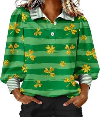 Generic Chemises de la Saint-Sylvestre porte-bonheur &agrave; manches longues boutonn&eacute;es &agrave; revers chemise en satin vert tr&egrave;fle imprim&eacute; comme du satin haut d&eacute;contract