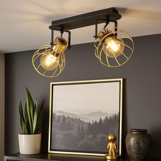 Eglo Plafonnier Lampe de plafond spot salle &agrave; manger tress&eacute;e cage bois, r&eacute;glable, noir laiton, 2x E27 douille, LxlxH 48x28x26 cm