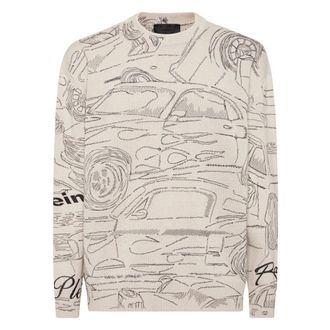 Philipp Plein Homme, Pulls, Beige, Taille: L Pull Tricot Col Rond ML Voitures de Course