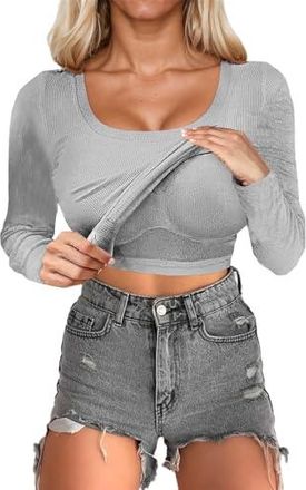 Generic Soutien-gorge int&eacute;gr&eacute; &agrave; manches longues pour femmes 2024 automne col en U tricot c&ocirc;tel&eacute; coupe ajust&eacute;e d&eacute;contract&eacute; basique, gris, L