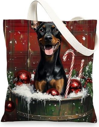 Generic Sac fourre-tout en toile motif doberman de No&euml;l pour faire du shopping, 33 x 38,1 cm, sac &agrave; bandouli&egrave;re r&eacute;utilisable pour femme, peinture danimaux dom