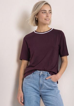 Street One T-Shirt STREET ONE, Damen, Gr. 34, lila (rustic rouge), Stoff, 95% Viskose, 5% Elasthan, unifarben, comfort fit normal, Rundhals, normaler Saum, Shirt