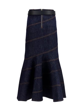 Self Portrait Womens Denim Midi Skirt With Belt Blue Cotton; Polyester; Elastane