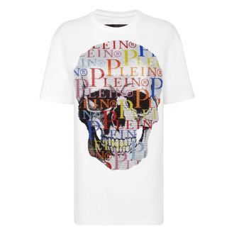 Philipp Plein Femme, Tops, Blanc, Taille: 40 FR T-shirt Col Rond MC T&ecirc;te de Mort avec Cristaux