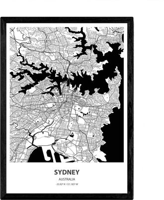 Nacnic Plakat mit Karte von Sydney - Australien. Sheets St&auml;dte in Australien mit Meeren und Fl&uuml;ssen in schwarzer Farbe. A4-Format