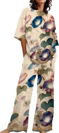 Generic Pyjama Femme Ensemble Tenues dété pour Femmes, Ensemble 2 Coton et Lin, t-Shirt surdimensionné, Pantalon à Jambe Droite, survêtement Grande Taille Pyj