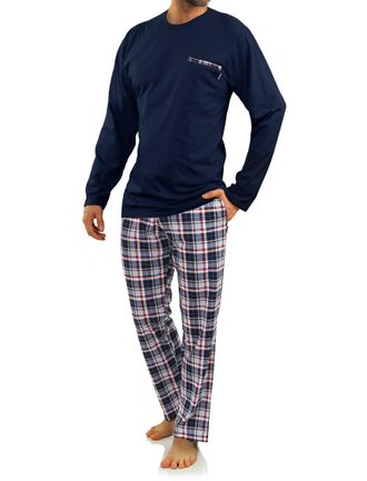 Sesto Senso Herren Schlafanzug Lang Baumwolle Pyjama Langarm Shirt Pyjamahose mit Tasche 3XL Granat 2188-06 Dunkel Blau