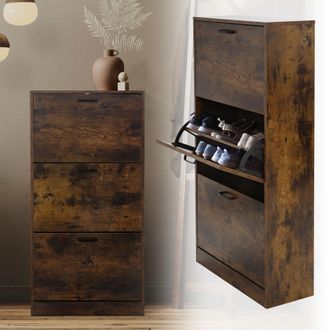 ML Design ML-Design Schuhschrank mit 3 Klappf&auml;chern, Dunkelbraun, 60x24x120,5cm, Vintage, schmal, Schuhkipper f&uuml;r 18 Paar Schuhe, Schuhregal f&uuml;r Eingangsbereich