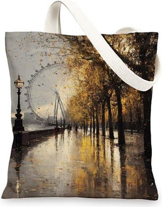 Generic Sacs fourre-tout en toile dautomne, vintage scène dautomne, sacs dépicerie réutilisables, légers et lavables, sacs en toile pour salle de sport, plein