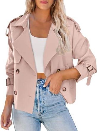 Generic Trench court &agrave; double boutonnage pour femme - Manches longues - Revers crant&eacute; - Avec poches - V&ecirc;tements dext&eacute;rieur d&eacute;contract&eacute;s et tendance, rose, XXL