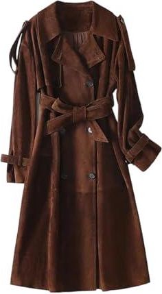 Generic Veste en daim v&eacute;ritable pour femme - Manteau dhiver &eacute;l&eacute;gant en peau de mouton marron &agrave; double boutonnage avec ceinture fine, marron, L