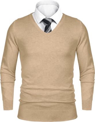 iClosam Herrenpullover mit V Ausschnitt Strickpullover Herren Langarm Winter Pullover Slim Fit Khaki XXL